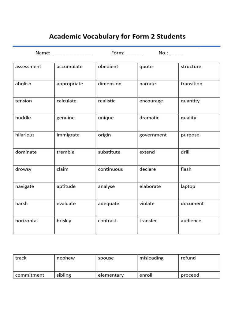 Academic Vocabulary For Form 2 Students | PDF