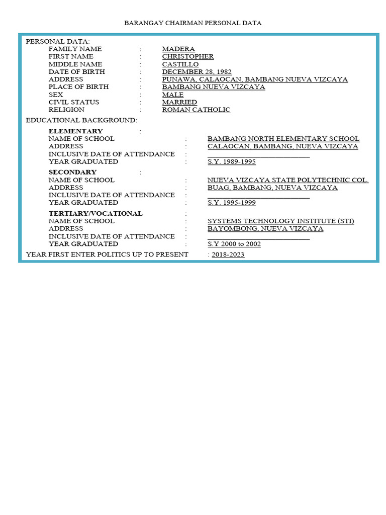 Barangay Kagawad Personal Data | PDF