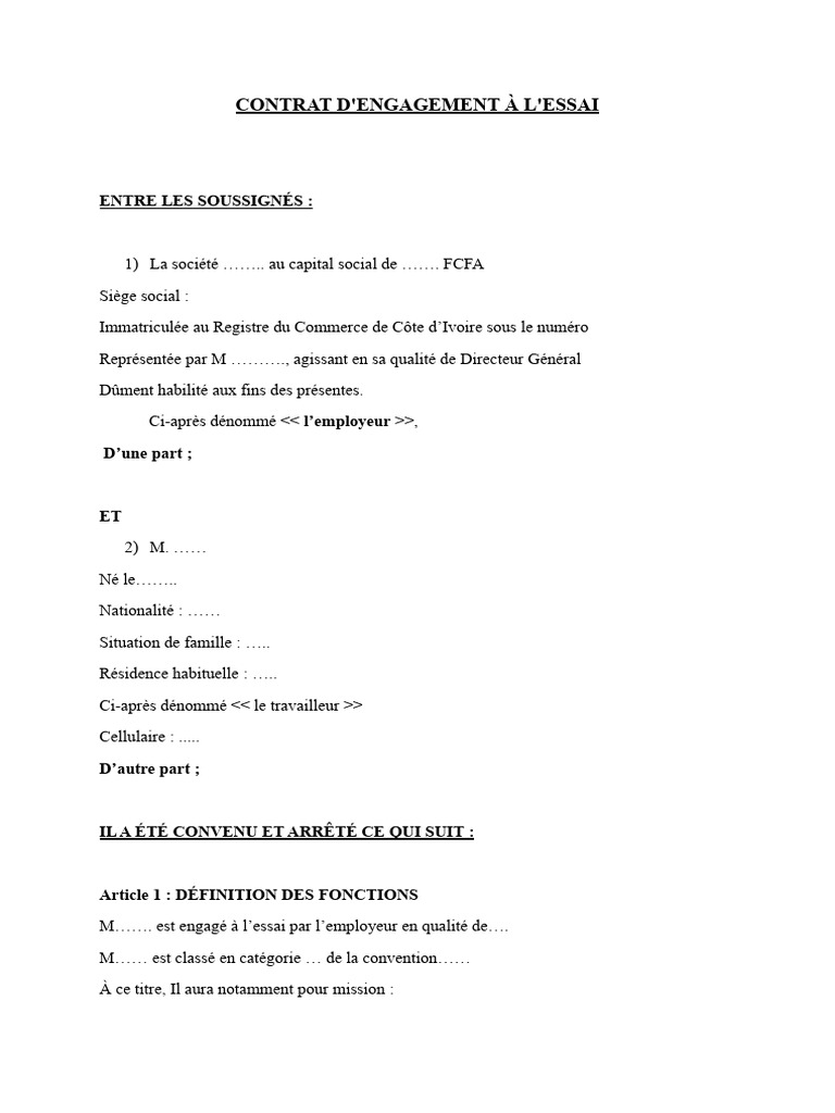 Modèle de contrat d'engagement à l'essai | PDF