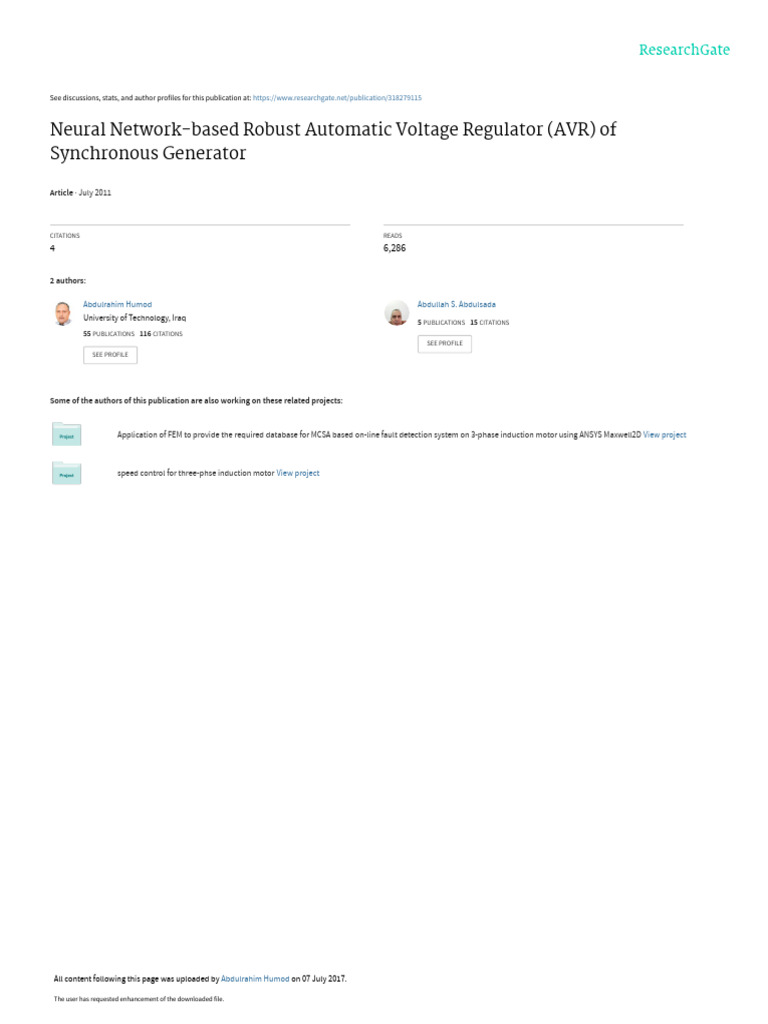 Neural Network-Based Robust Automatic Voltage Regulator (AVR) of | PDF