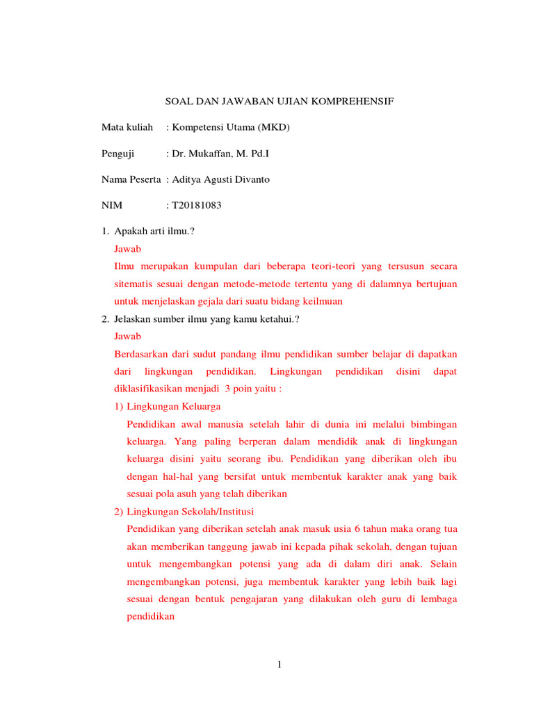 Soal Dan Jawaban Ujian Komprehensif Utama (MKD) | PDF | Sains & Matematika | Agama & Spiritualitas
