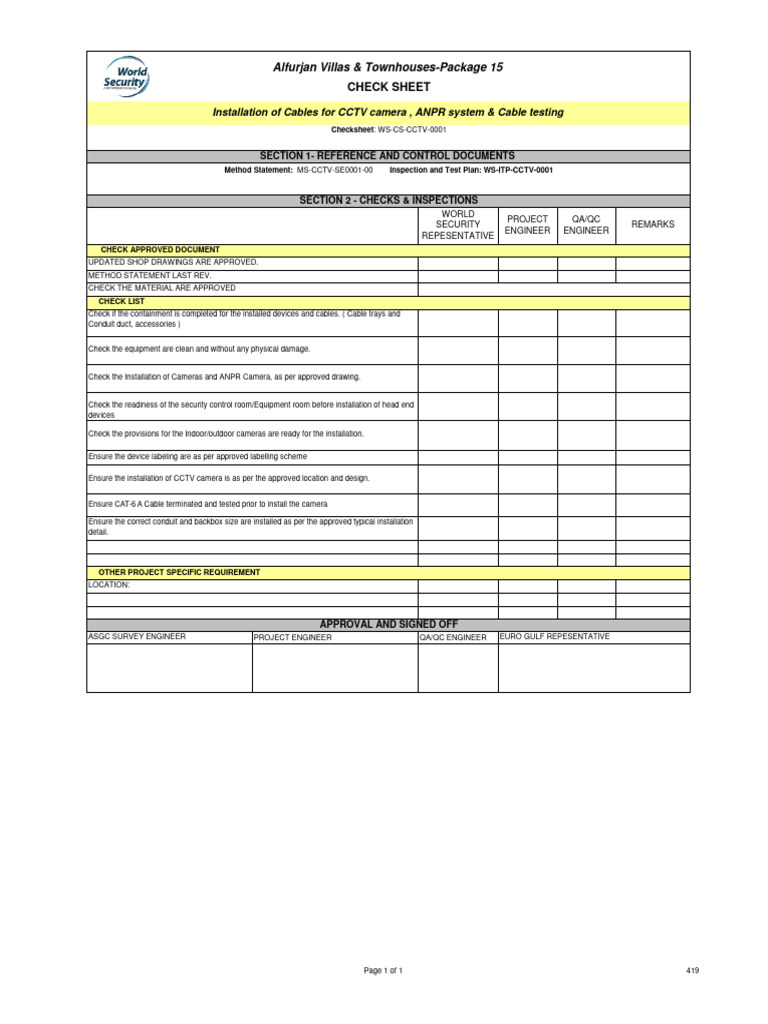 Installation of CCTV, ANPR - (Check Sheet) | PDF