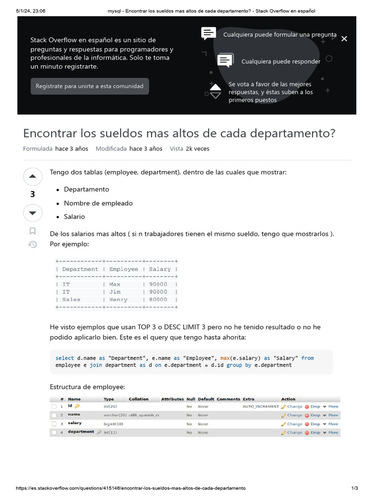 Mysql - Encontrar Los Sueldos Mas Altos de Cada Departamento - Stack Overflow en Español | PDF