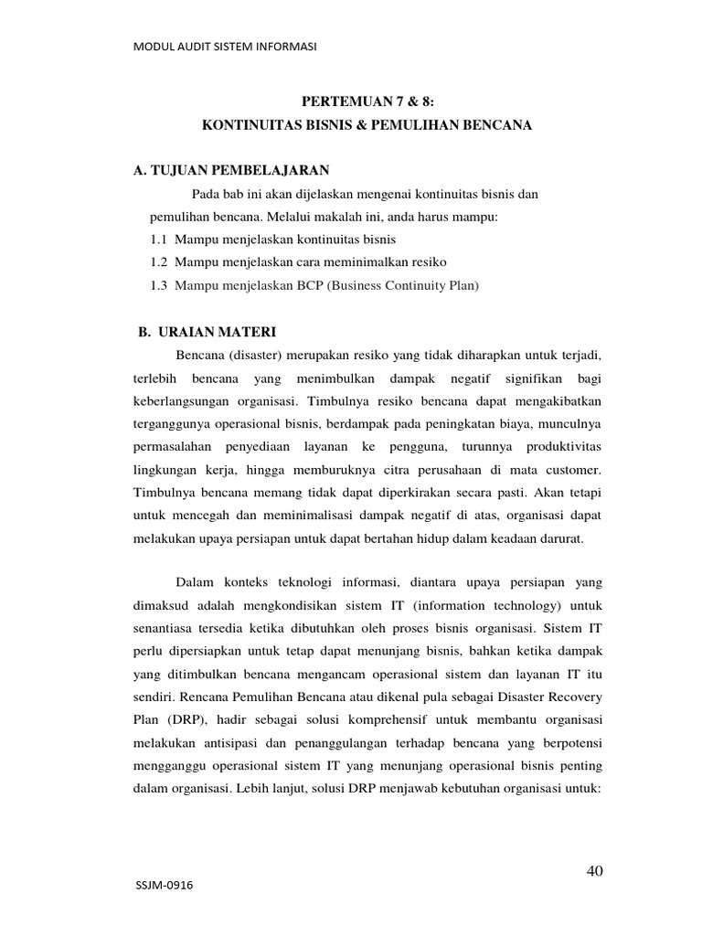 Pert. 7-8 Kontinuitas Bisnis Pemulihan Bencana | PDF | Bisnis