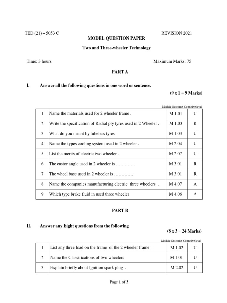 Model Question Paper Two and Three-Wheeler Technology: Module Outcome ...