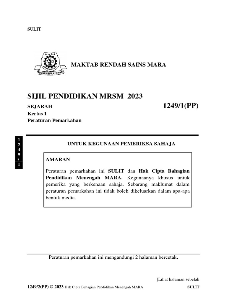 Sijil Pendidikan MRSM 2023 1249/1 (PP) : Maktab Rendah Sains Mara | PDF