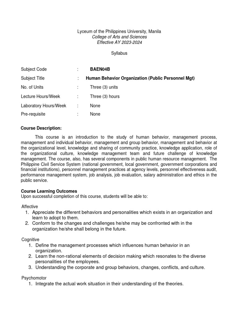 Human Behavior Organization - Public Personnel MGT - Syllabus | PDF