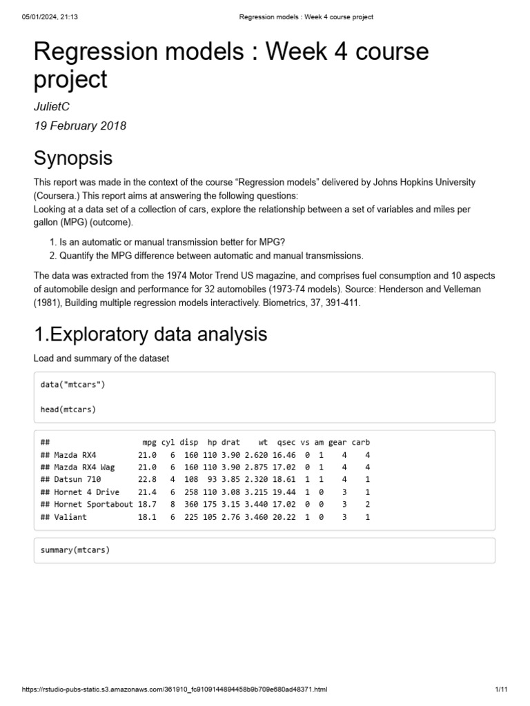 Regression Models - Week 4 Course Project | PDF