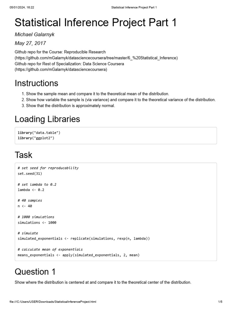 Statistical Inference Project Part 1 | PDF | Variance | Statistical ... Statistical Inference Project Part 1 | PDF | Variance | Statistical ...