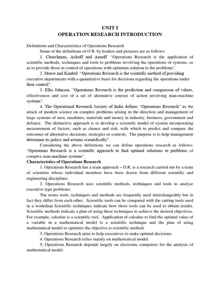 Unit I Operation Research Introduction: Characteristics of Operations Research | PDF | Linear ...