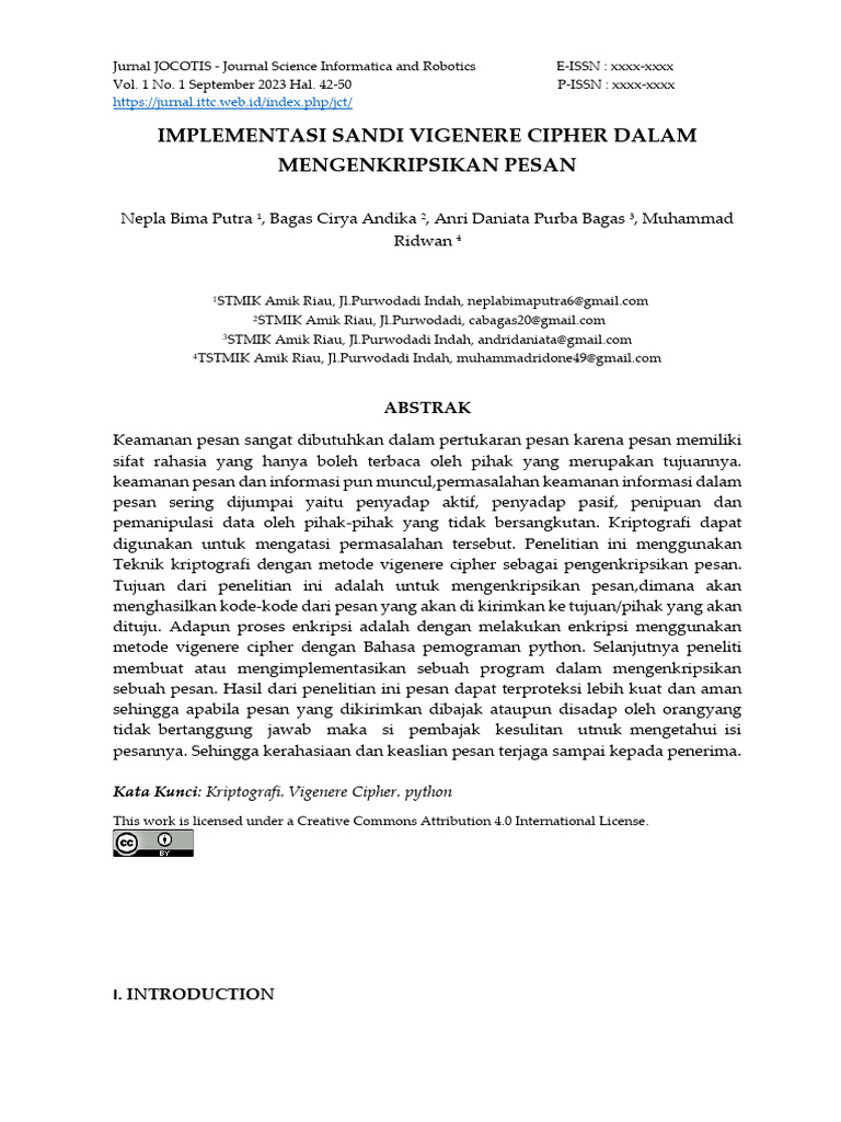 Implementasi Sandi Vigenere Cipher Dalam Mengenkripsikan Pesan | PDF