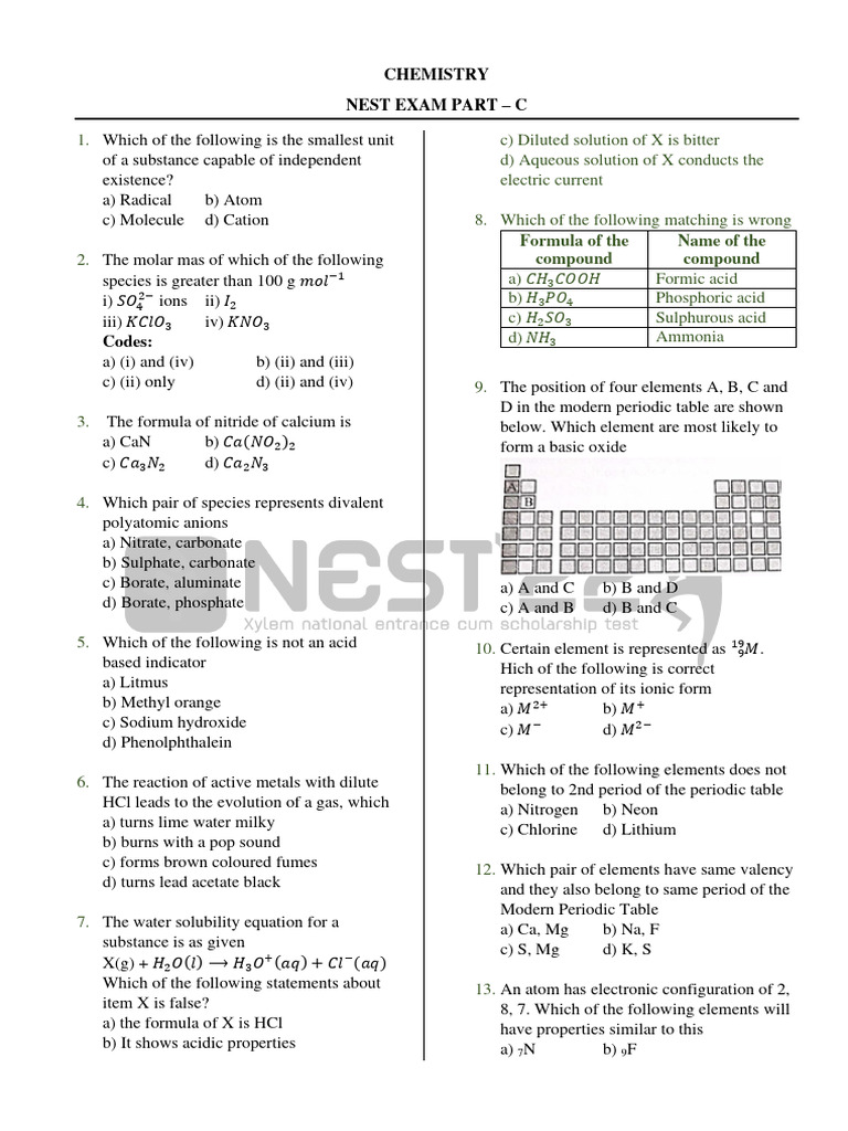 Nest 2022 Chemistry Paper-3 | PDF | Acid | Ion