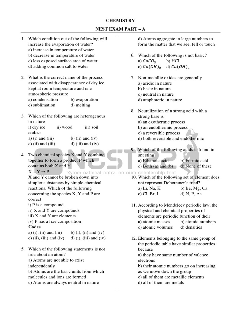 Nest 2022 Chemistry Paper-1 | PDF
