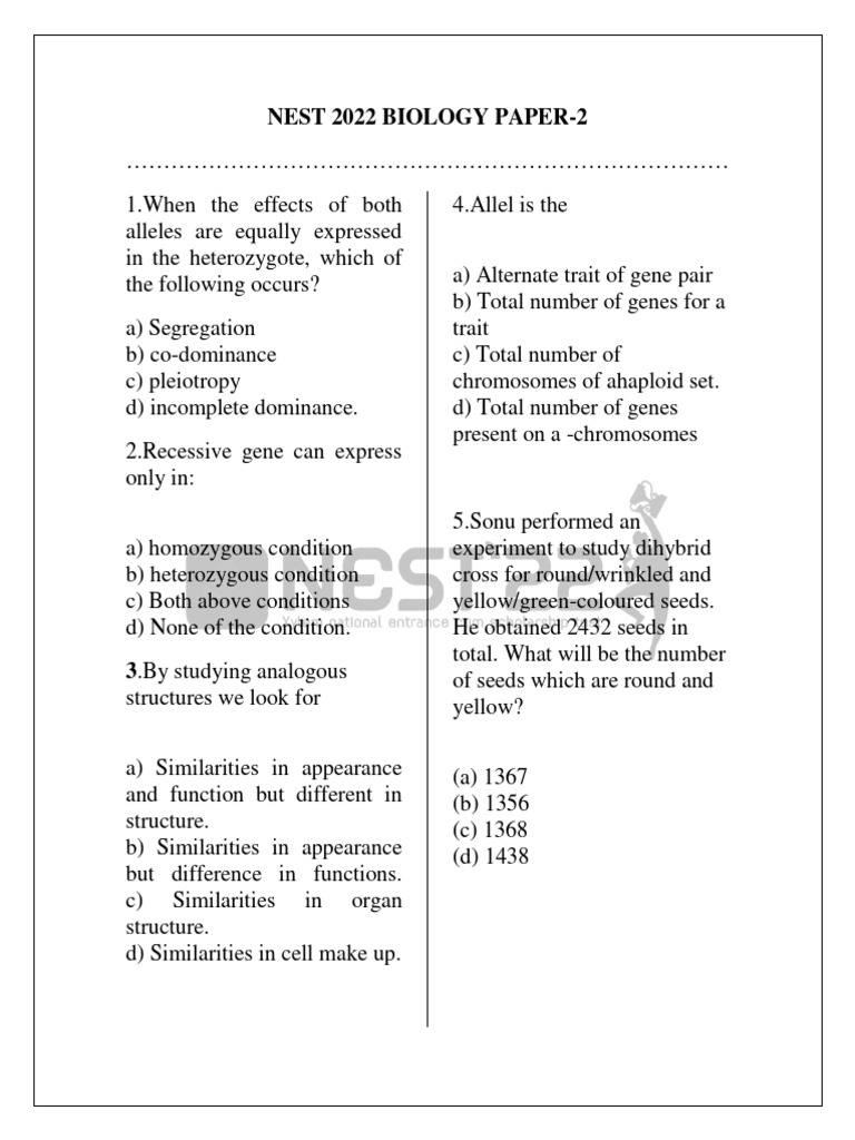 Nest 2022 Biology Paper 2 | PDF