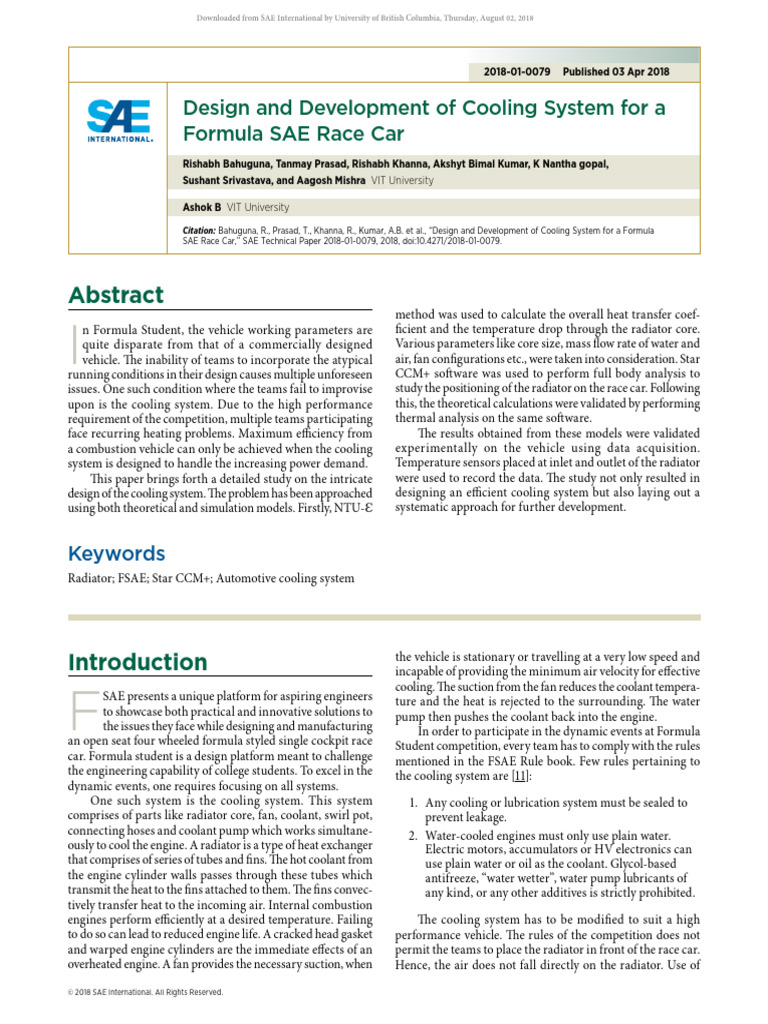 Design and Development of Cooling System For A Formula SAE Race Car | PDF