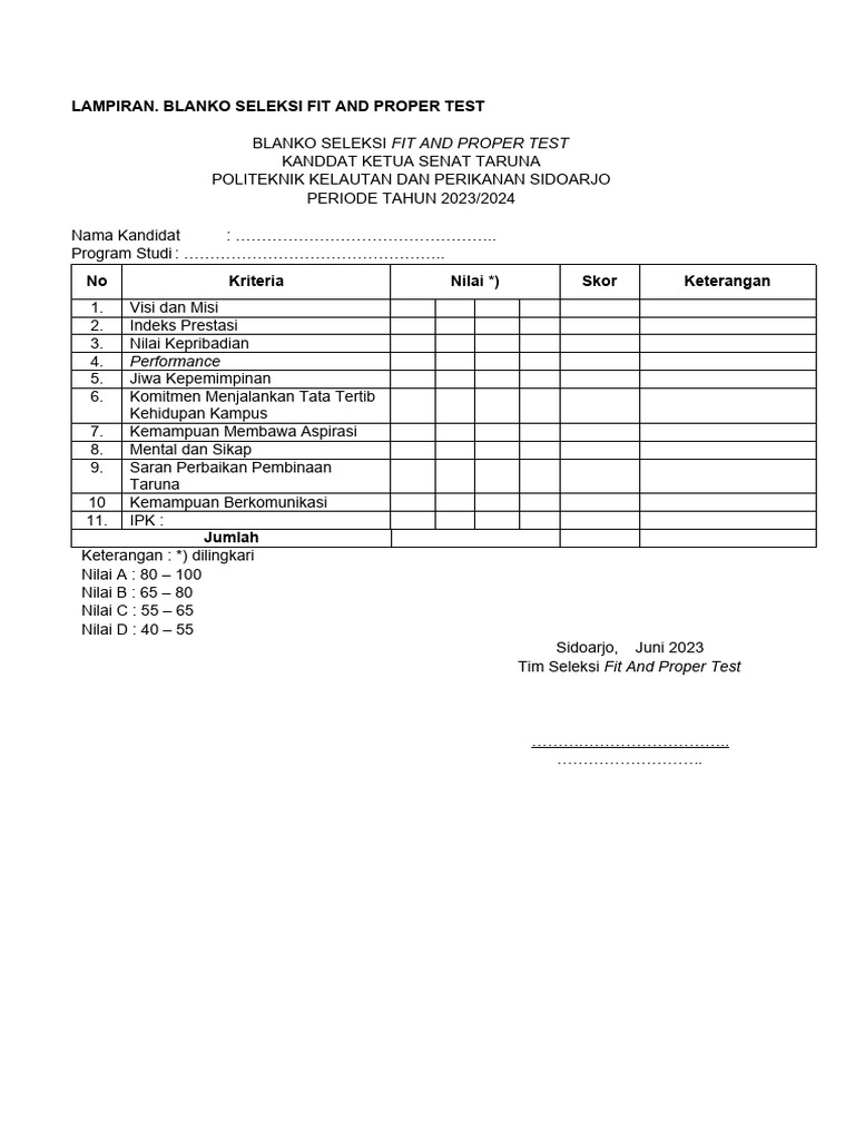 Blanko Seleksi Fit and Proper Test | PDF | Karier & Perkembangan