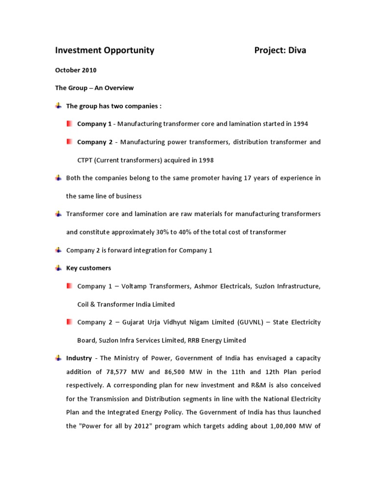 Project Diva Teaser | PDF | Private Equity | Transformer