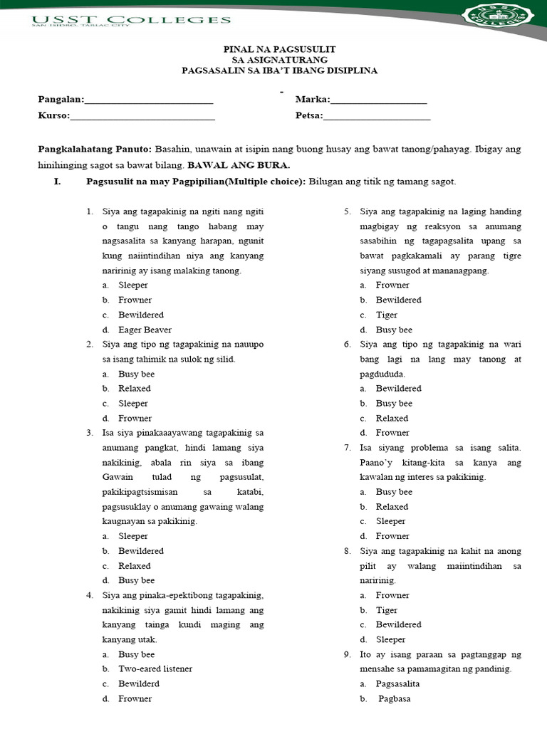 PAGSASALIN EXAM | PDF