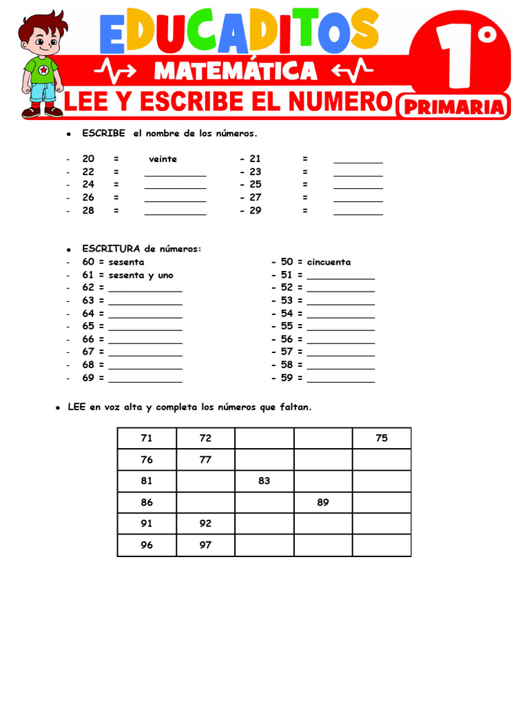 Lee y Escribe El Numero para Primer Grado de Primaria | PDF