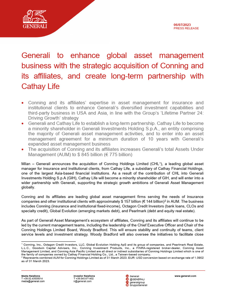 07.06 PR - Generali Acquisition of Conning and Its Affiliates - Final ...