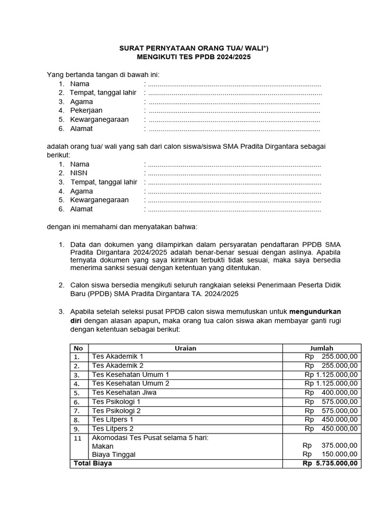 Surat Pernyataan PPDB SMA 2024 | PDF