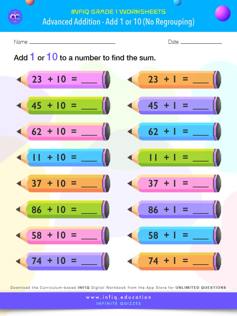 Advanced Addition - Add 1 or 10 (No Regrouping) : Add or To A Number To ...