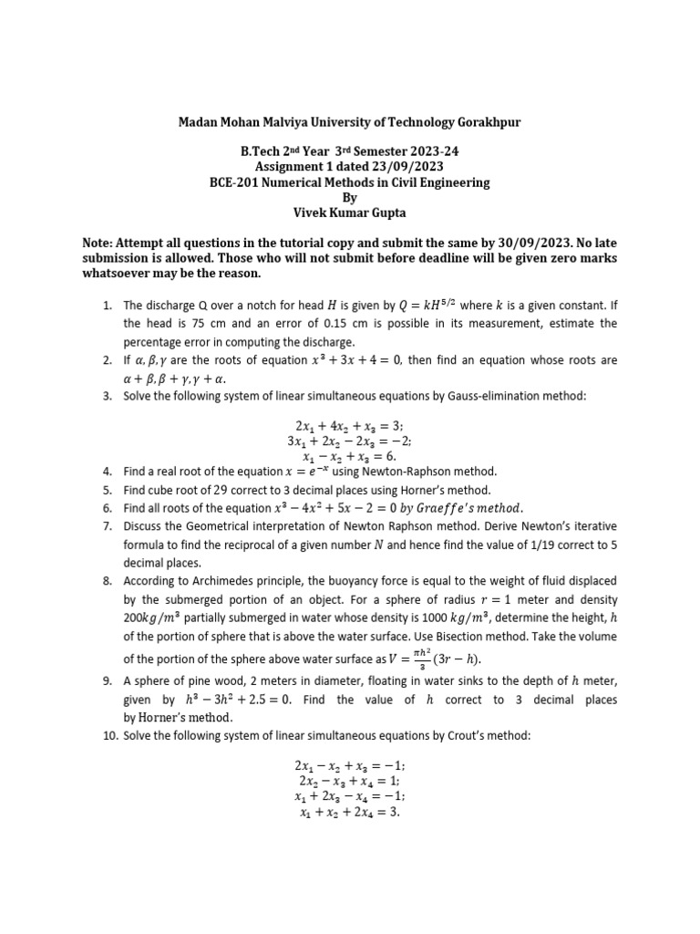 Numerical Methods Assignment 2023 | PDF