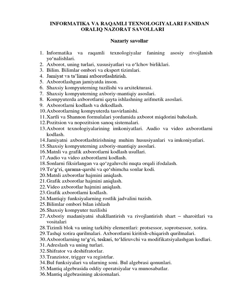 Informatika Va Raqamli Texnologiyalari Fanidan Oraliq Nazorat Savollari ...