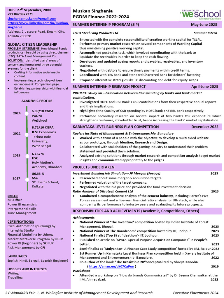 Muskan Singhania PGDM Finance | PDF