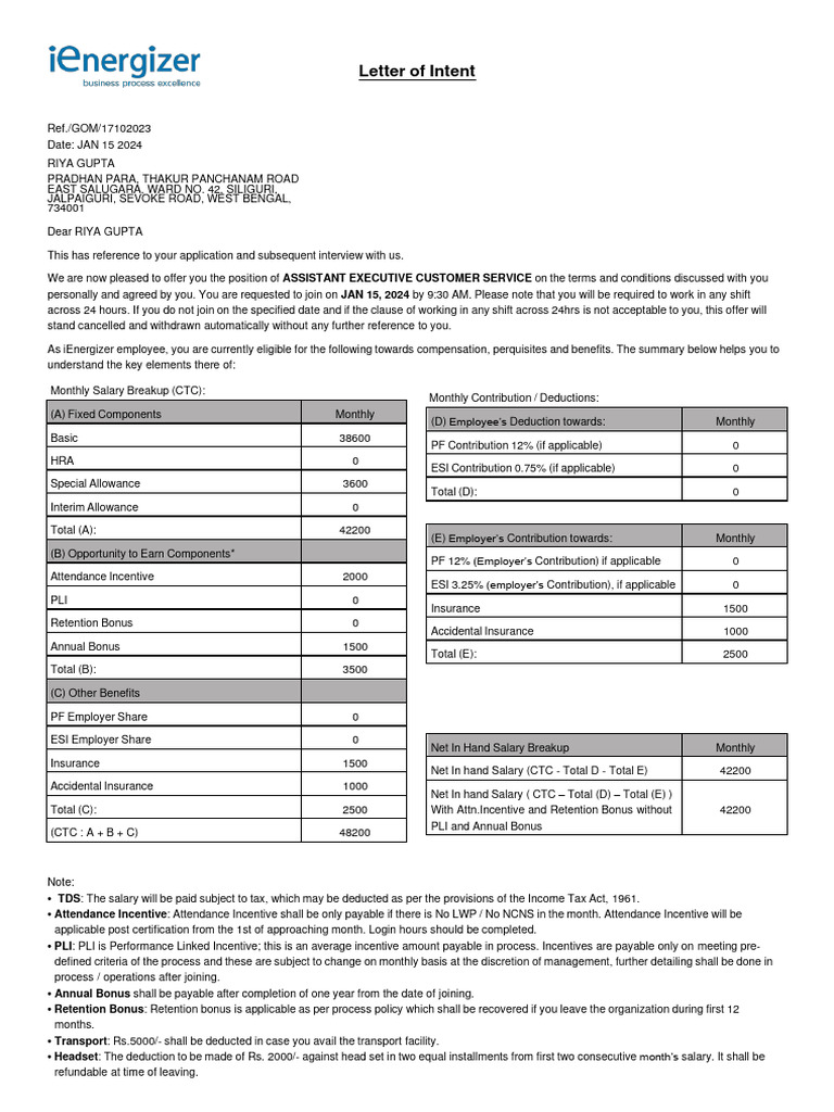 OfferLetter Riya Gupta | PDF | Salary | Employment