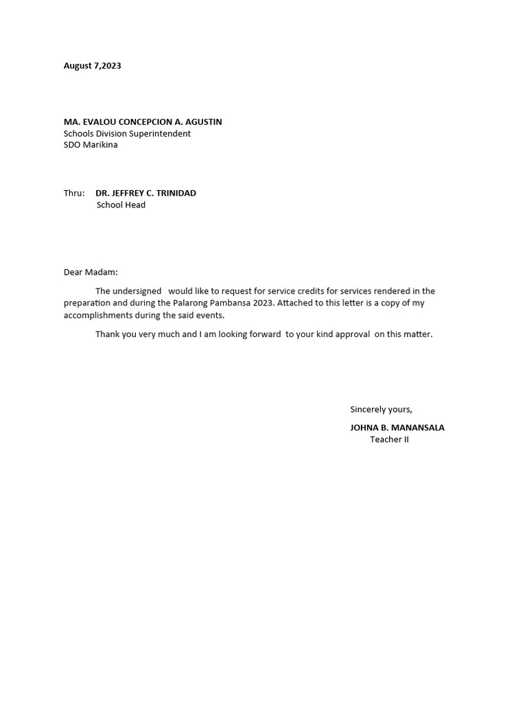 Request for Service Credits Palarong Pambansa | PDF