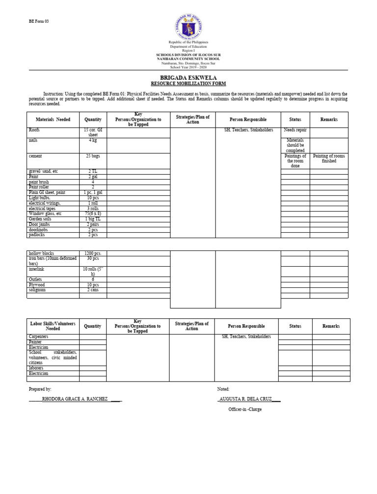 Brigada Eskwela: BE Form 03 | PDF