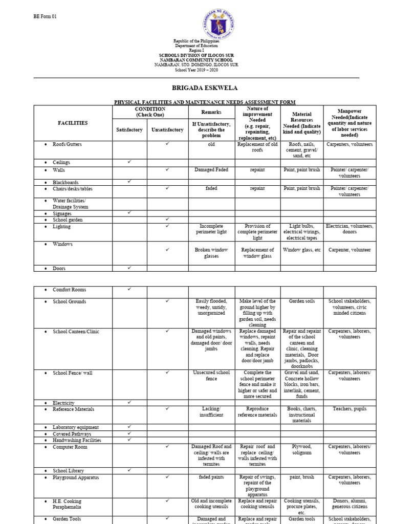 Brigada Eskwela: BE Form 01 | PDF