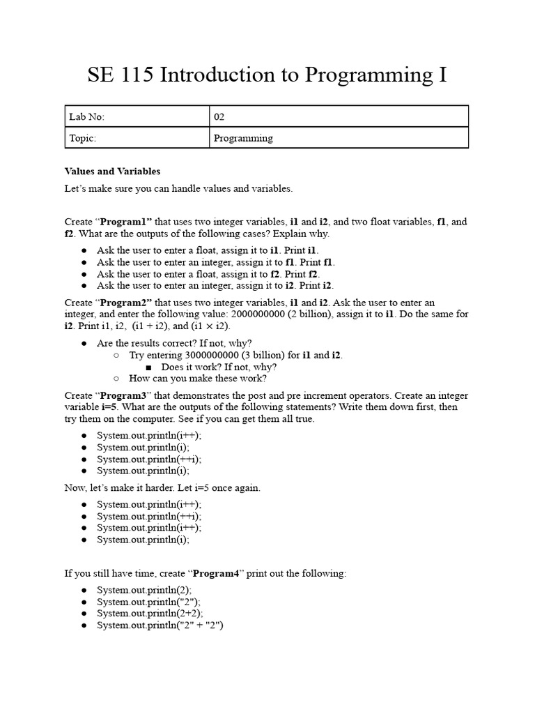 Programming Basics: Values & Variables Lab | PDF | Technology & Engineering