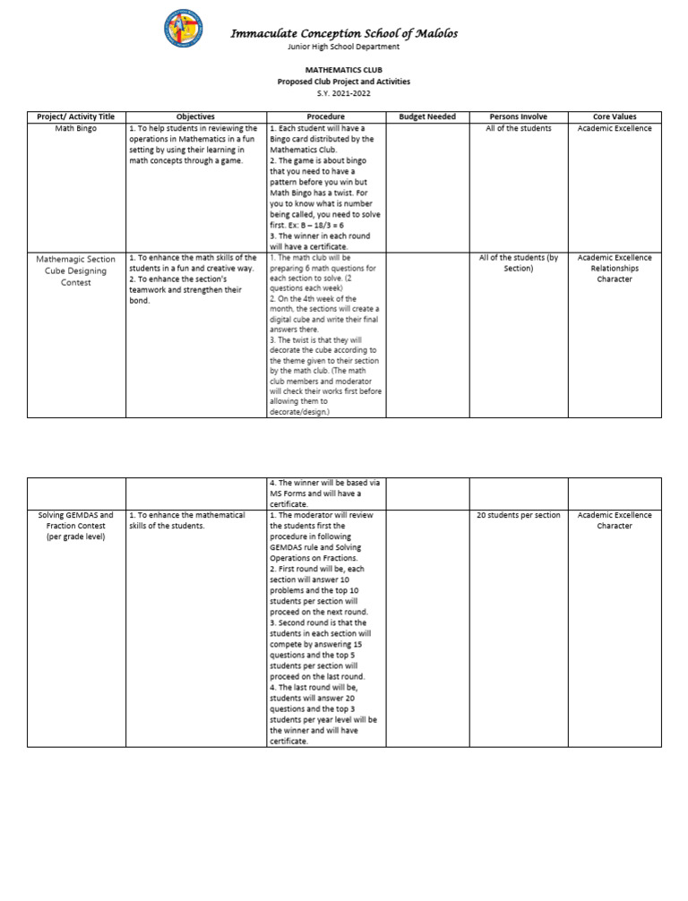 Mathematics - Club - Project Proposal | PDF