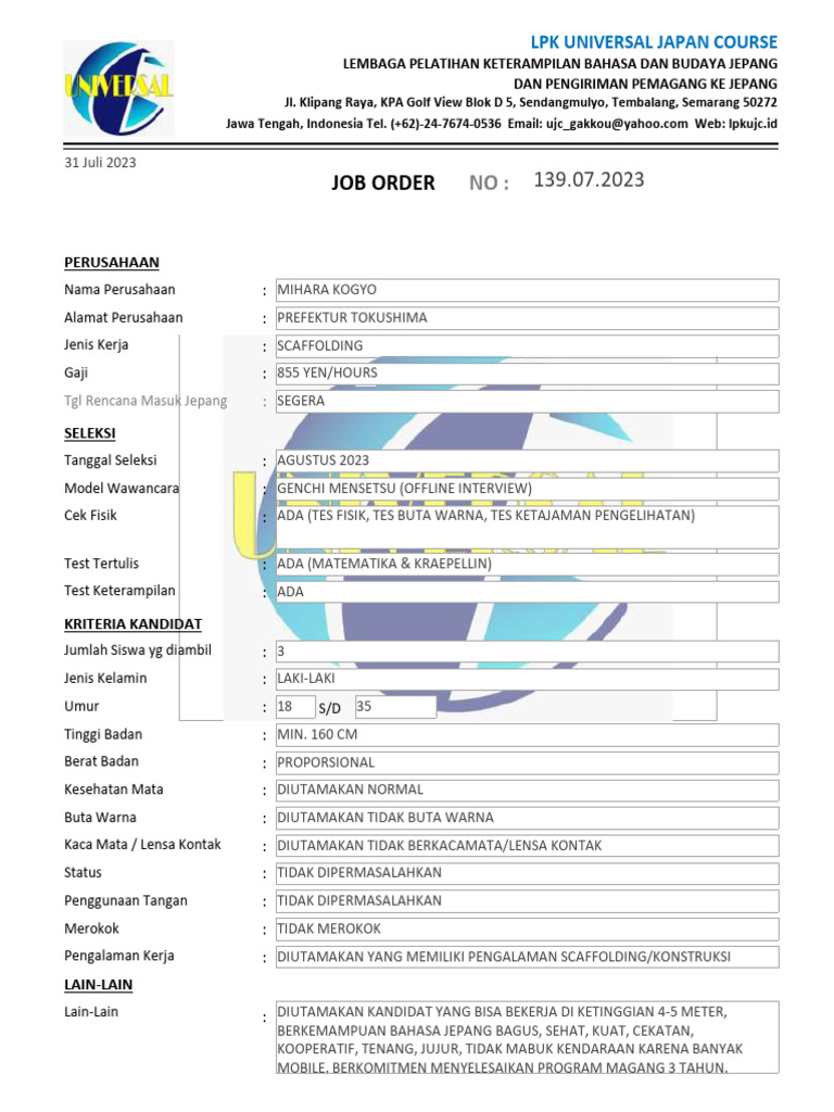 139 JOB ORDER MIHARA KOGYO | PDF