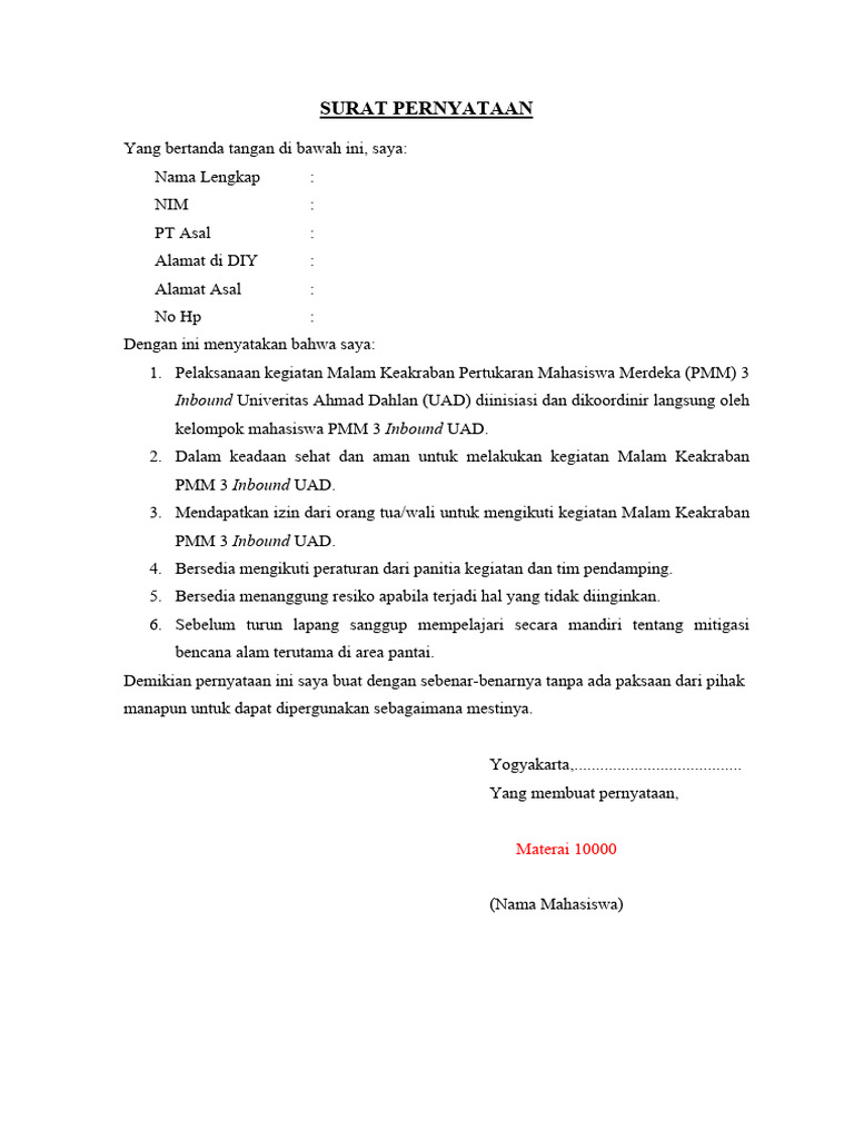 Surat Pernyataan Kegiatan PMM 3 UAD | PDF