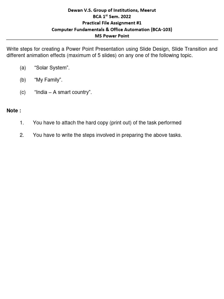 BCA 103 Practical File Assignment #1 (MS Power Point) | PDF