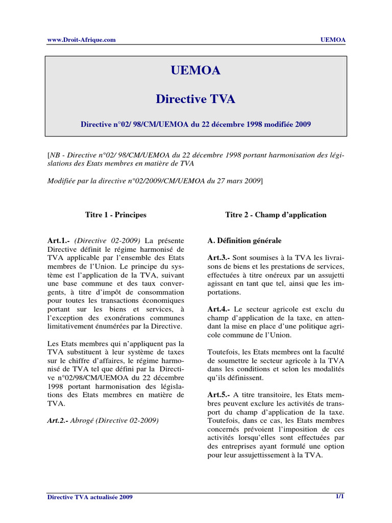 Uemoa - Directive Tva1 | PDF