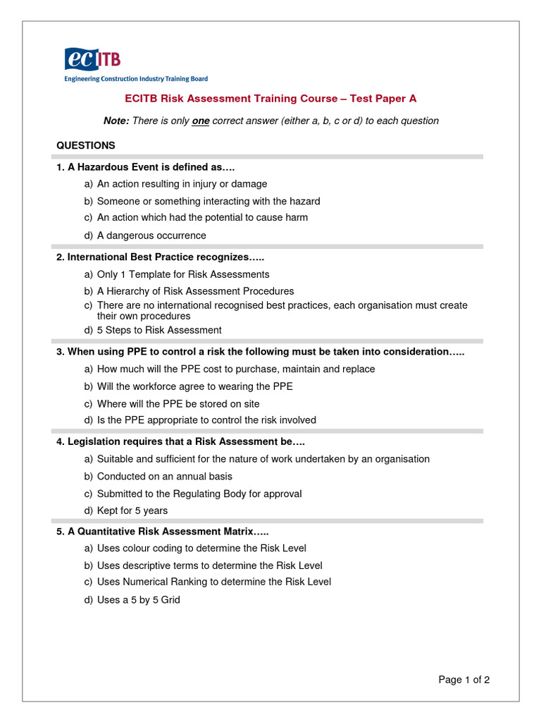 IHSP RA Test Paper A | PDF | Risk | Risk Assessment