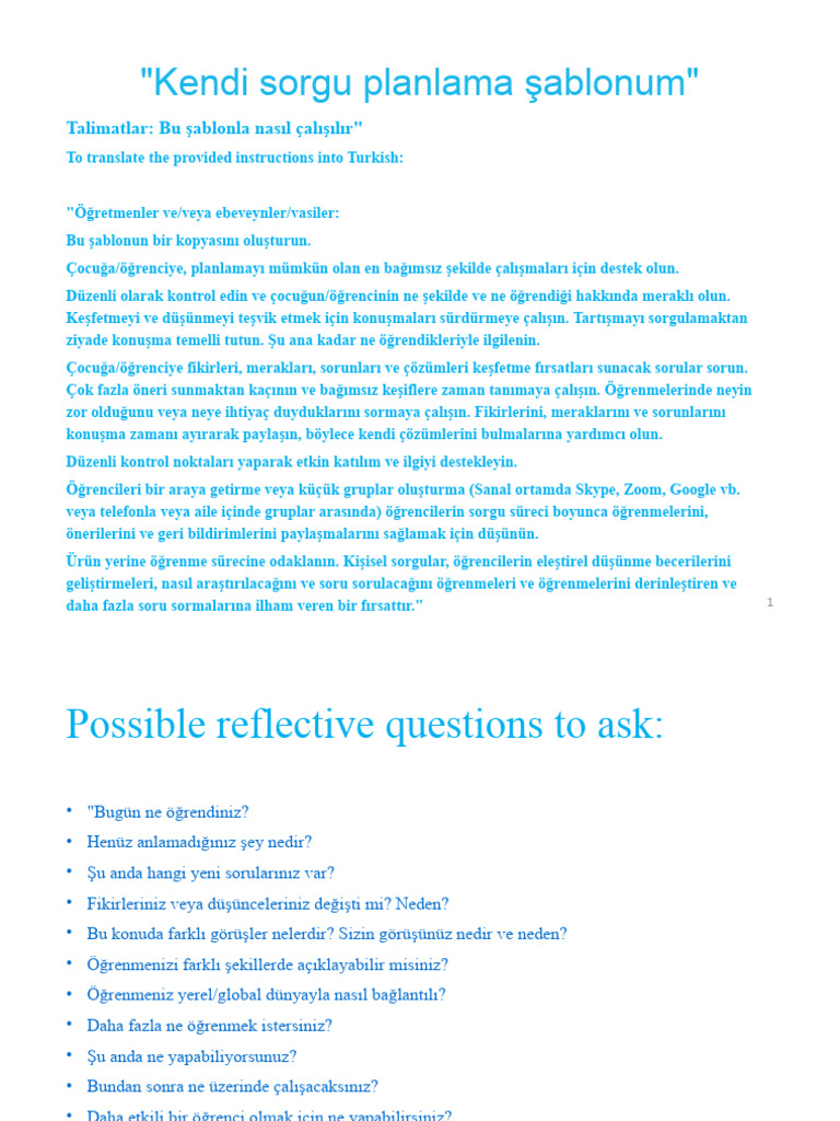 Personal Inquiry Planner Template One. Türkçe | PDF