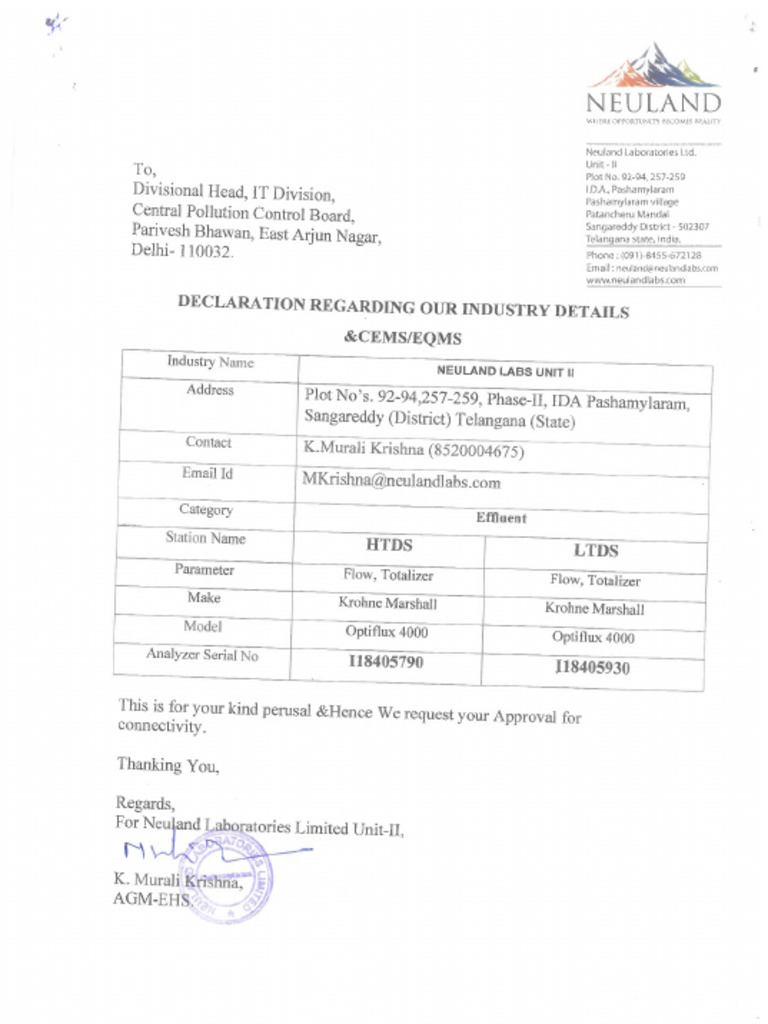 LTDs & HTDs CPCB connetivity letter | PDF