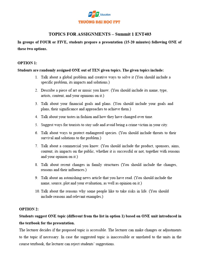 ENT403 - Topics For Presentation - Assignment 2 | PDF