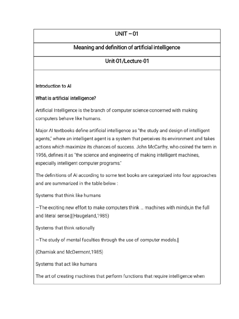 Notes Artificial Intelligence Unit 1 | PDF