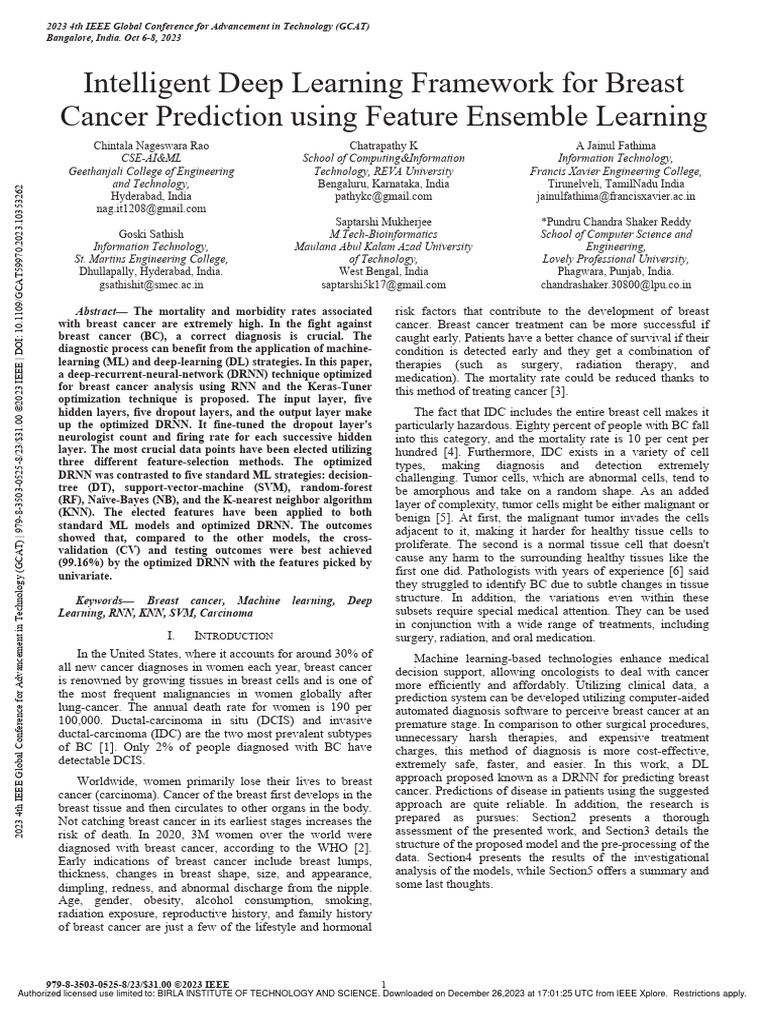 Intelligent Deep Learning Framework For Breast Cancer Prediction Using Feature Ensemble Learning