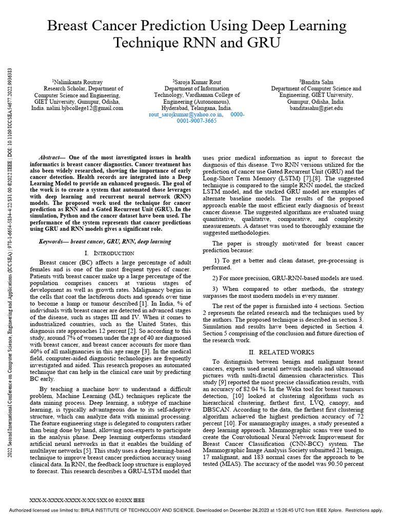 Breast Cancer Prediction Using Deep Learning Technique RNN and GRU ... Breast Cancer Prediction Using Deep Learning Technique RNN and GRU ...