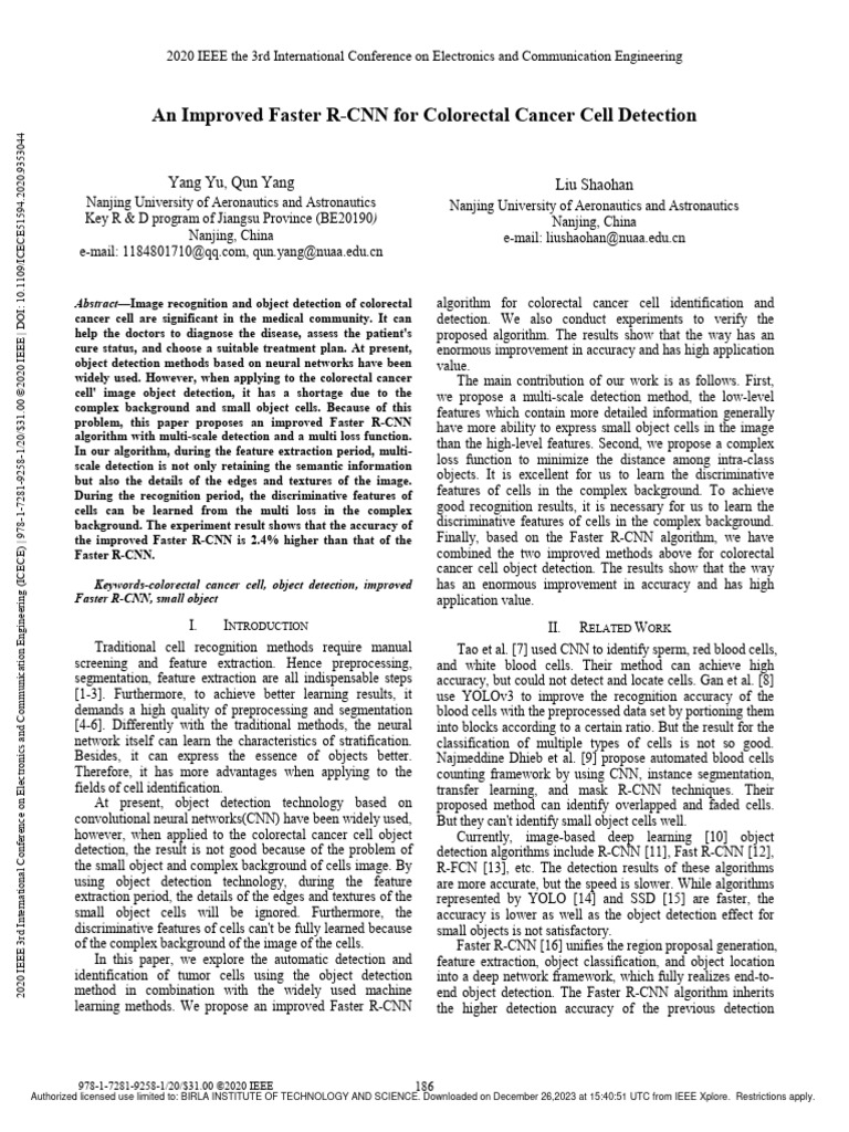 An Improved Faster R-CNN For Colorectal Cancer Cell Detection | PDF