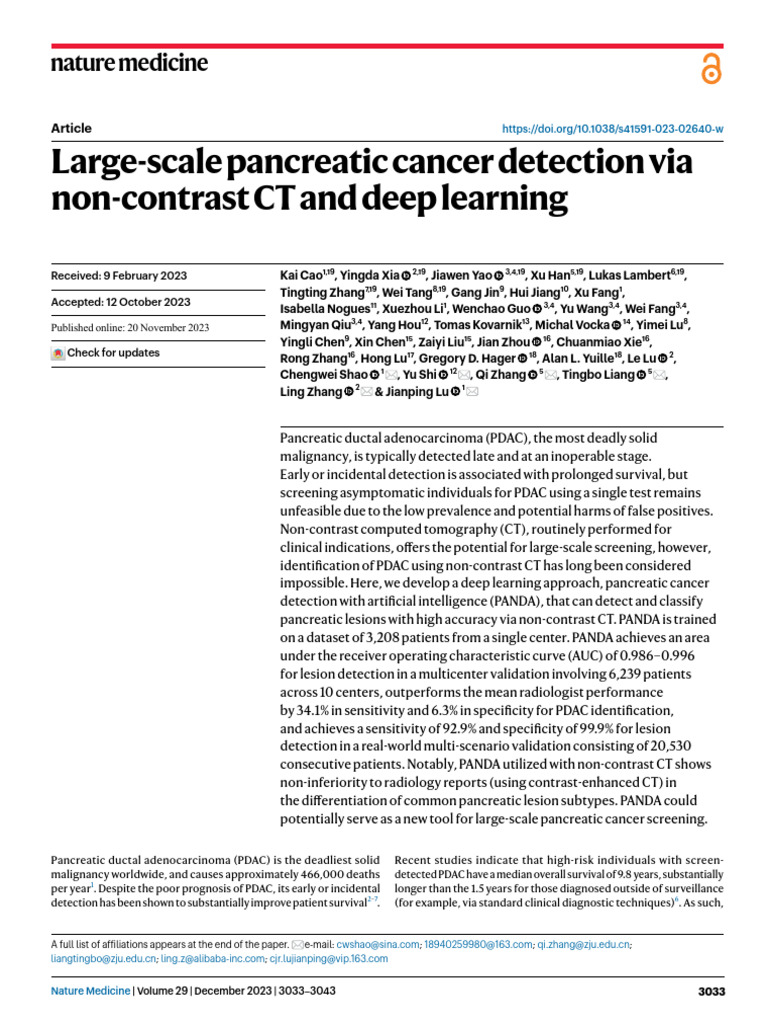 Large Scale Pancreatic Cancer Detection Via Non Contrast Ct And Deep Learning Pdf