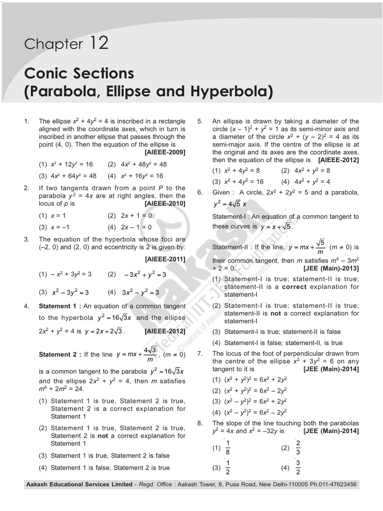M - Ch-12 - Conic Sections (Parabola, Ellipse, Hyperbola) | PDF