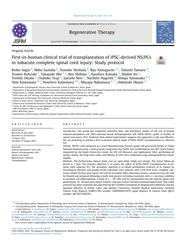 First-In-Human Clinical Trial of Transplantation of iPSC-derived NS - PCs in Subacute Complete ...